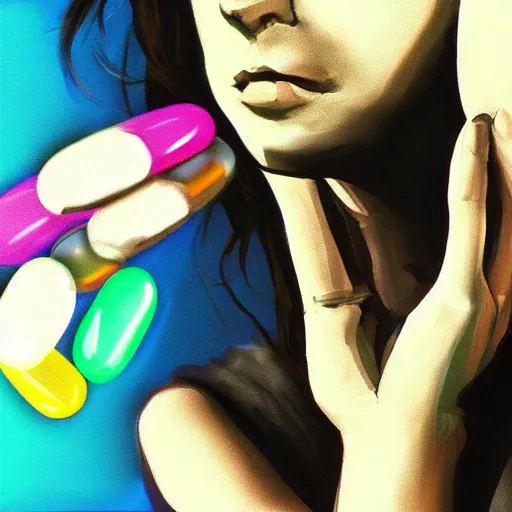 woman with drug pills in her hands, artwork, top on | Stable Diffusion ...