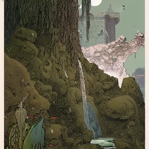 ”strange creatures staring into a waterfall, moebius | Stable Diffusion ...