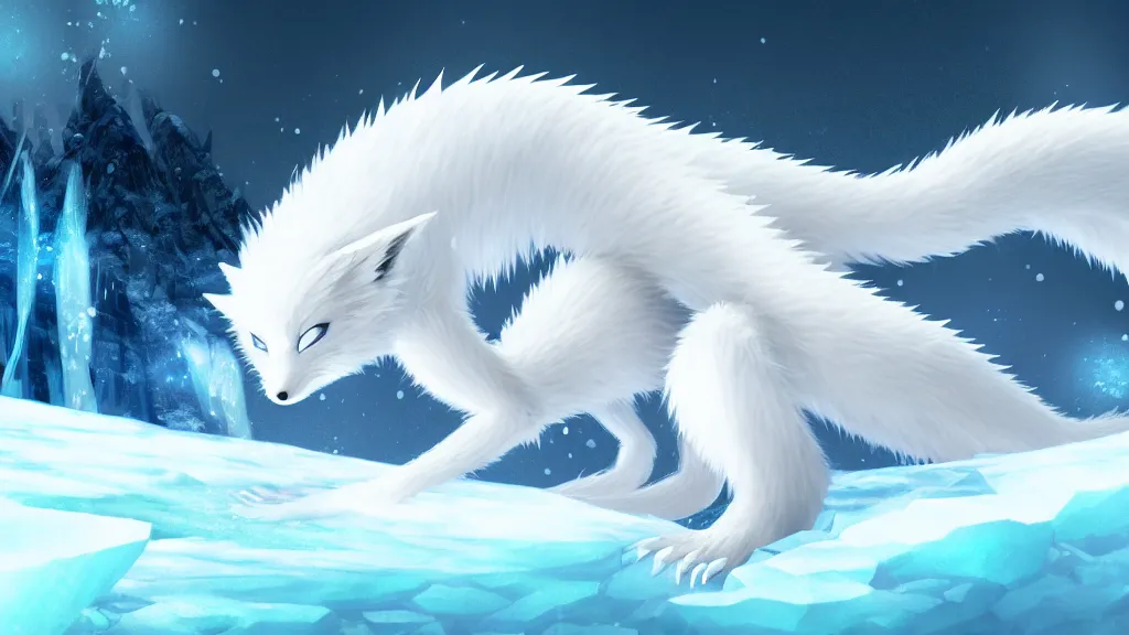 white - haired anime fox lizard frozen in an ice floe, | Stable Diffusion