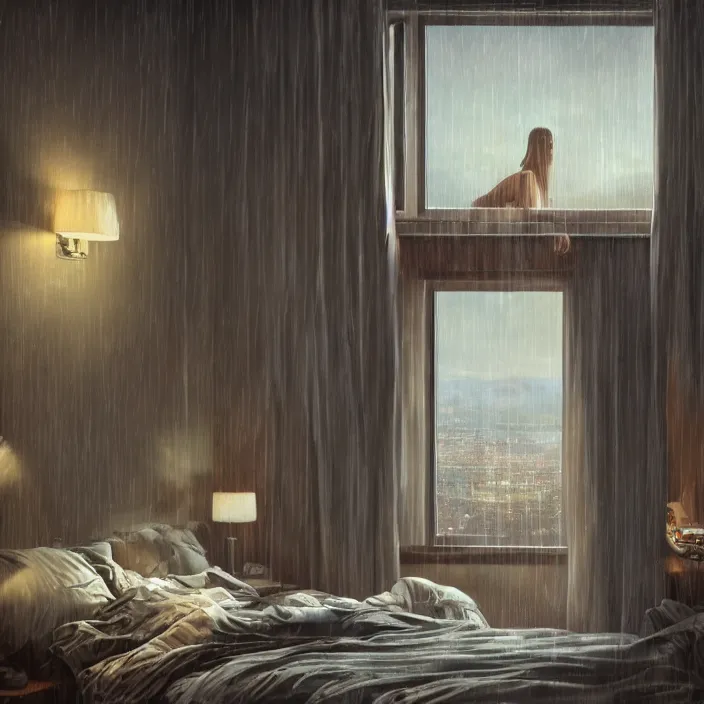 in modern hotel bedroom with wide windows, raining but | Stable ...