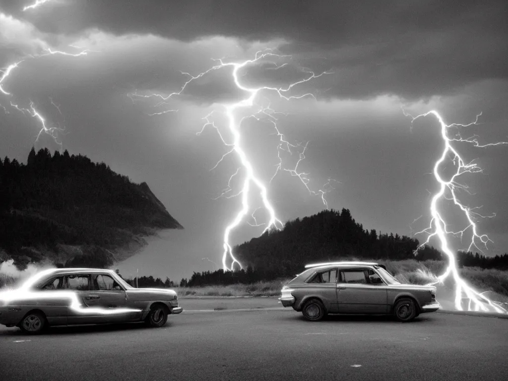 car being struck by lightning, twin peaks, | Stable Diffusion | OpenArt