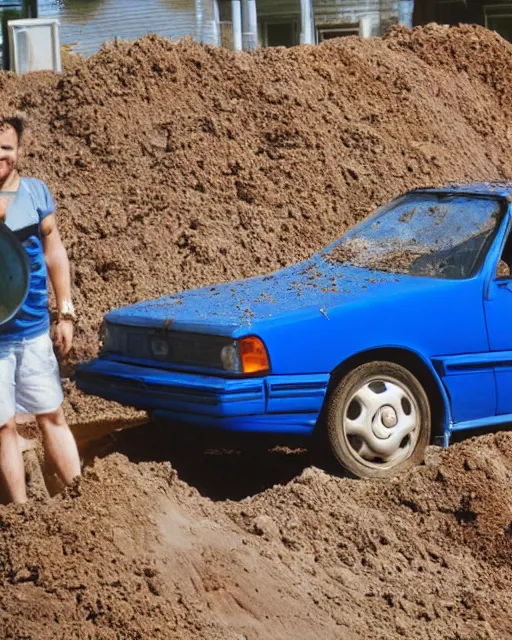a blue car parked in front of a pile of dirt, a stock | Stable ...