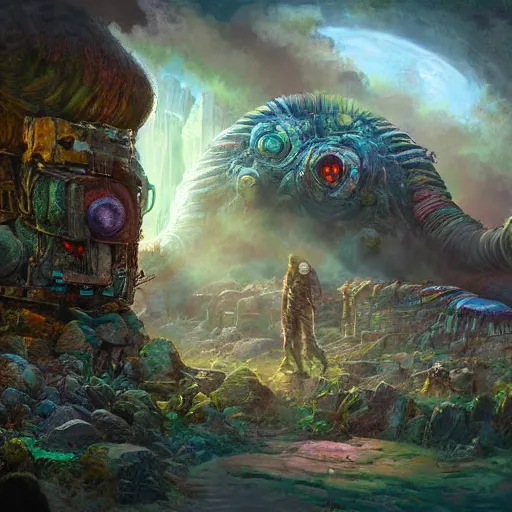 humans exploring ancient post - apocalyptic planet, | Stable Diffusion