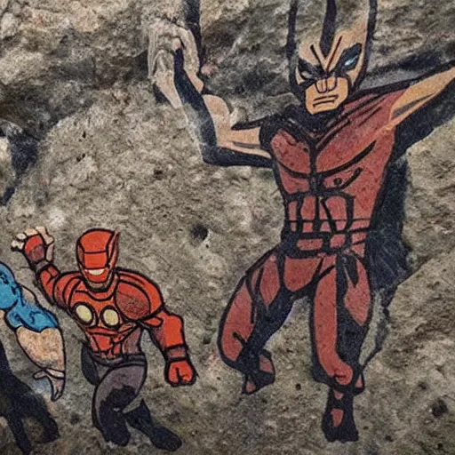 a prehistoric cave painting of the avengers battling | Stable Diffusion ...