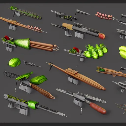 tactical weaponry inspired by fruits and vegetables, | Stable Diffusion | OpenArt