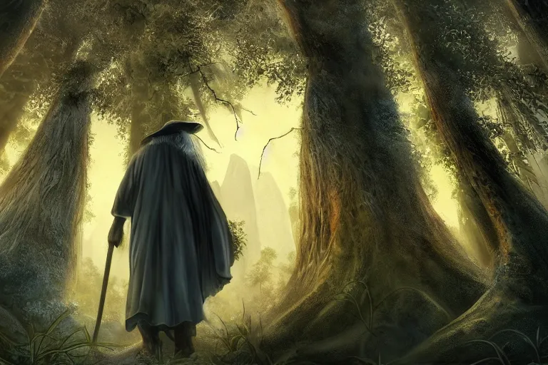 ancient wizard walking through the forest looking up a | Stable Diffusion | OpenArt