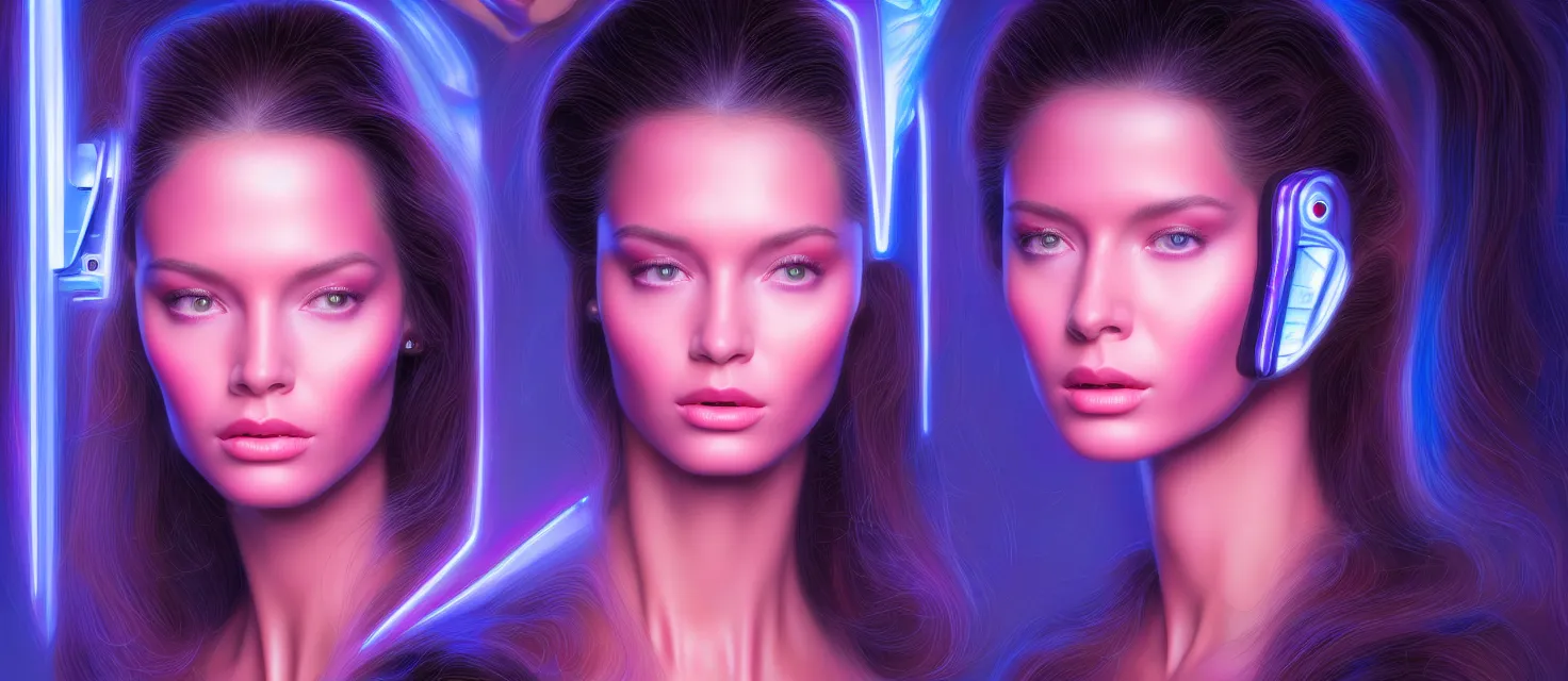 beauty young woman with detailed faces in holograms of | Stable ...