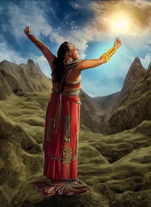 incan female priest starring at the sky with arms up, | Stable ...