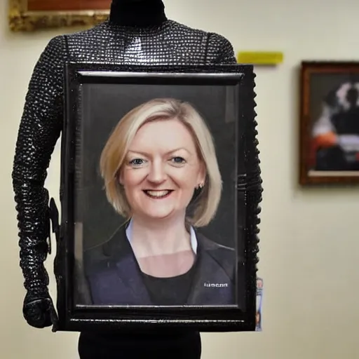 close up of liz truss in full leather armor, | Stable Diffusion