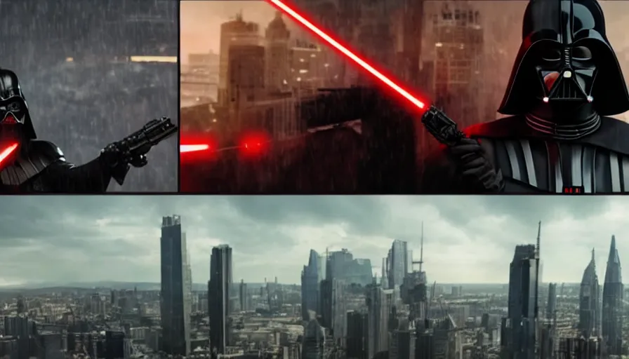 Darth Vader pointing a tommy gun at Deadpool, epic | Stable Diffusion ...