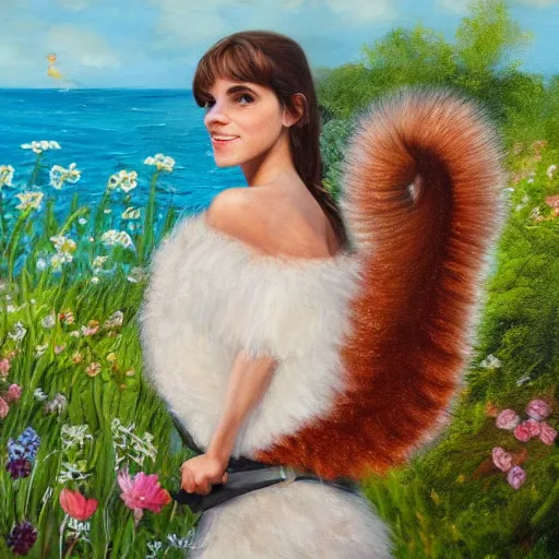 a giant fluffy squirrel carrying emma watson on its | Stable Diffusion ...