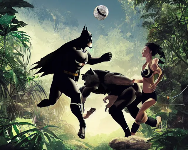 batman and gorilla are playing volleyball in a jungle | Stable Diffusion | OpenArt