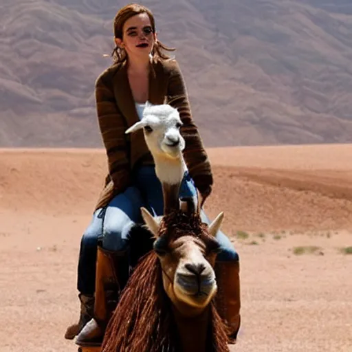 Emma Watson riding a llama in a desert | Stable Diffusion | OpenArt
