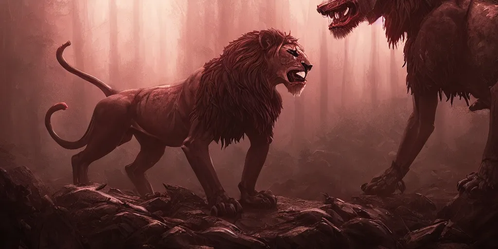 demonic humanoid lions in heavy armor, red glowing | Stable Diffusion ...