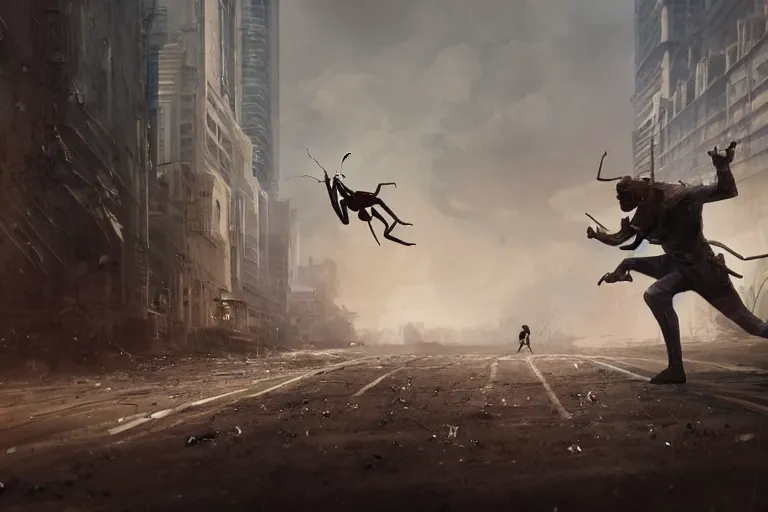 a man being chased through a dystopian by a huge ant | Stable Diffusion ...