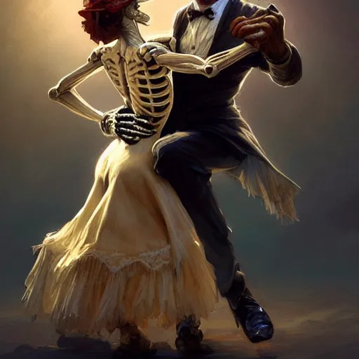 skeletons wearing old rags dancing tango, spotlight, | Stable Diffusion