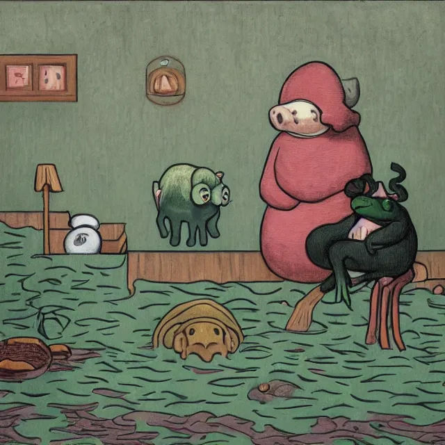pepe the frog holding a pig in flooded bathroom, | Stable Diffusion ...