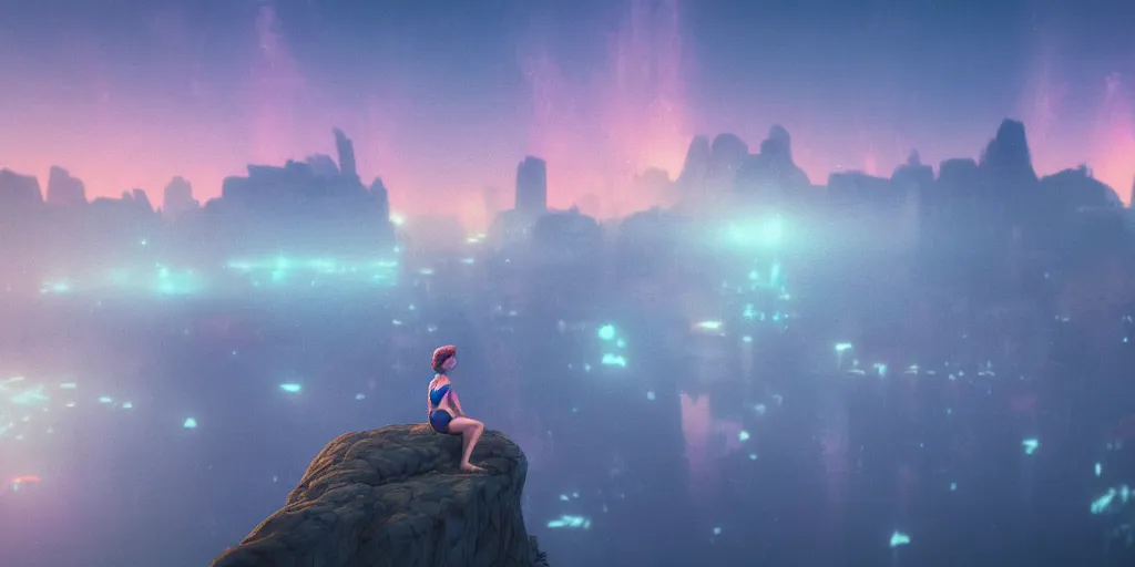 small blue fairy on a cliff looking to a synthwave | Stable Diffusion ...