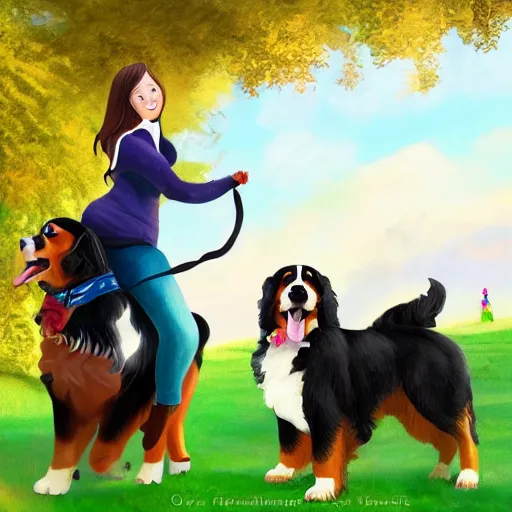 girl riding giant Bernese Mountain Dog in the park, | Stable Diffusion