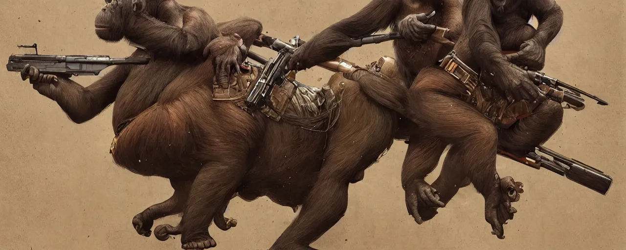 a chimpanzee holding a shotgun while riding a | Stable Diffusion | OpenArt