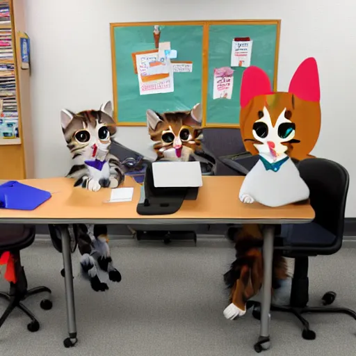 anthropomorphic cute kittens sitting at their desks on | Stable ...