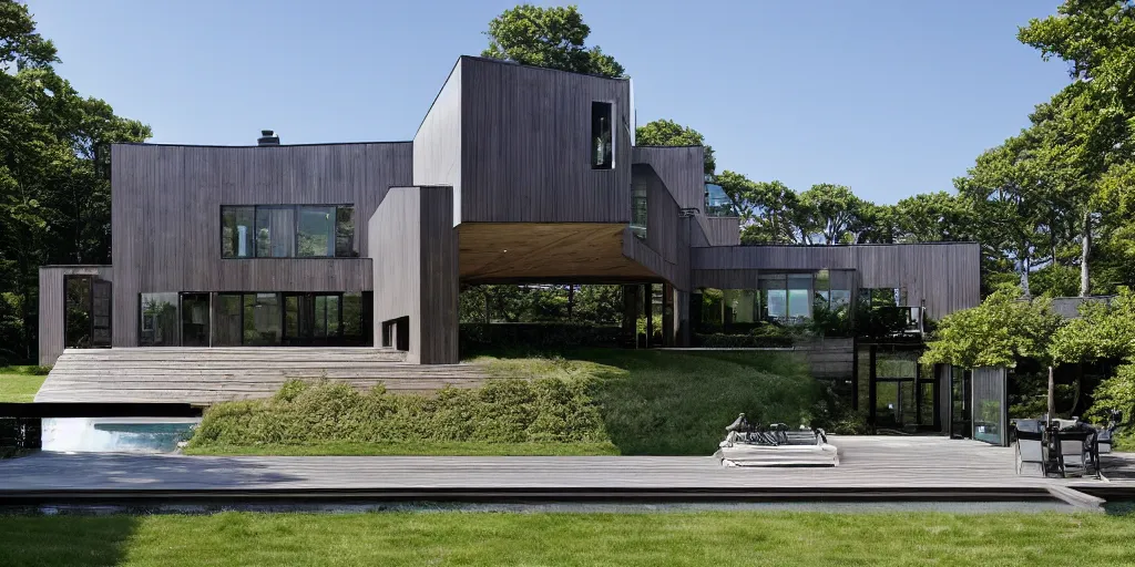 grey wooden cape cod hamptons mansion next to body of | Stable Diffusion