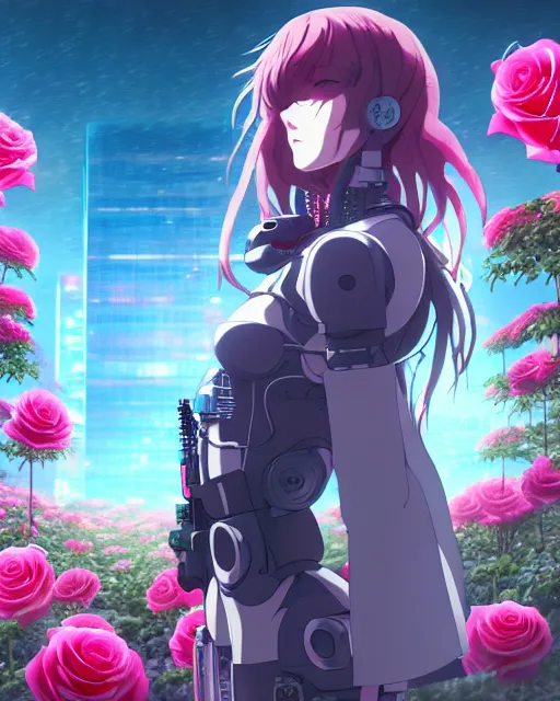 cyborg girl in cyberpunk rose garden, contemplation, | Stable Diffusion