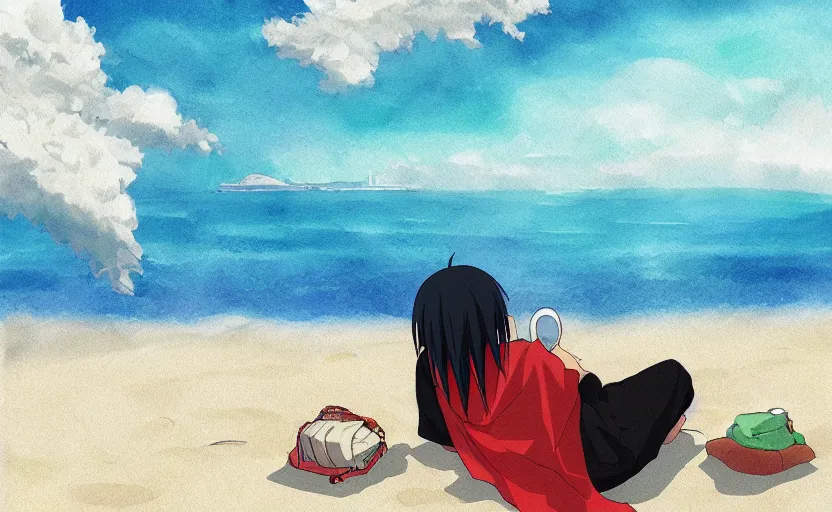 Itachi Uchiha alone at the beach watching the waves, | Stable Diffusion