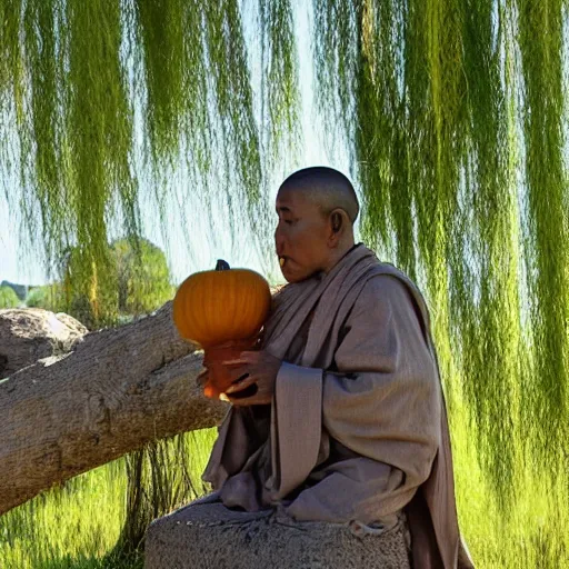 monk drinking from a gourd ,resting in the shade of a | Stable Diffusion