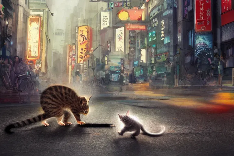 a giant rat chasing a very small kitten in the middle | Stable ...