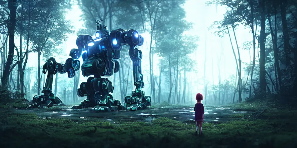 sci - fi scene in future cyberpunk forest, little girl | Stable ...