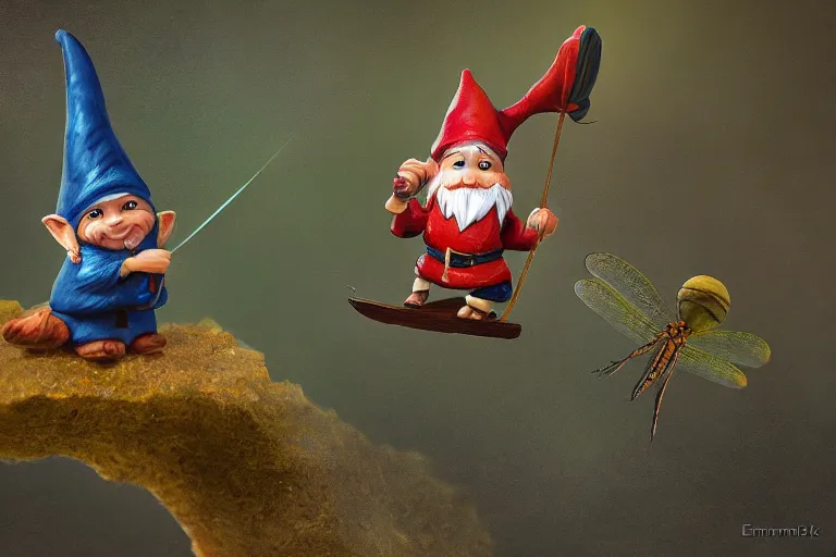 Cinematography of a gnome riding over a dragonfly by | Stable Diffusion ...