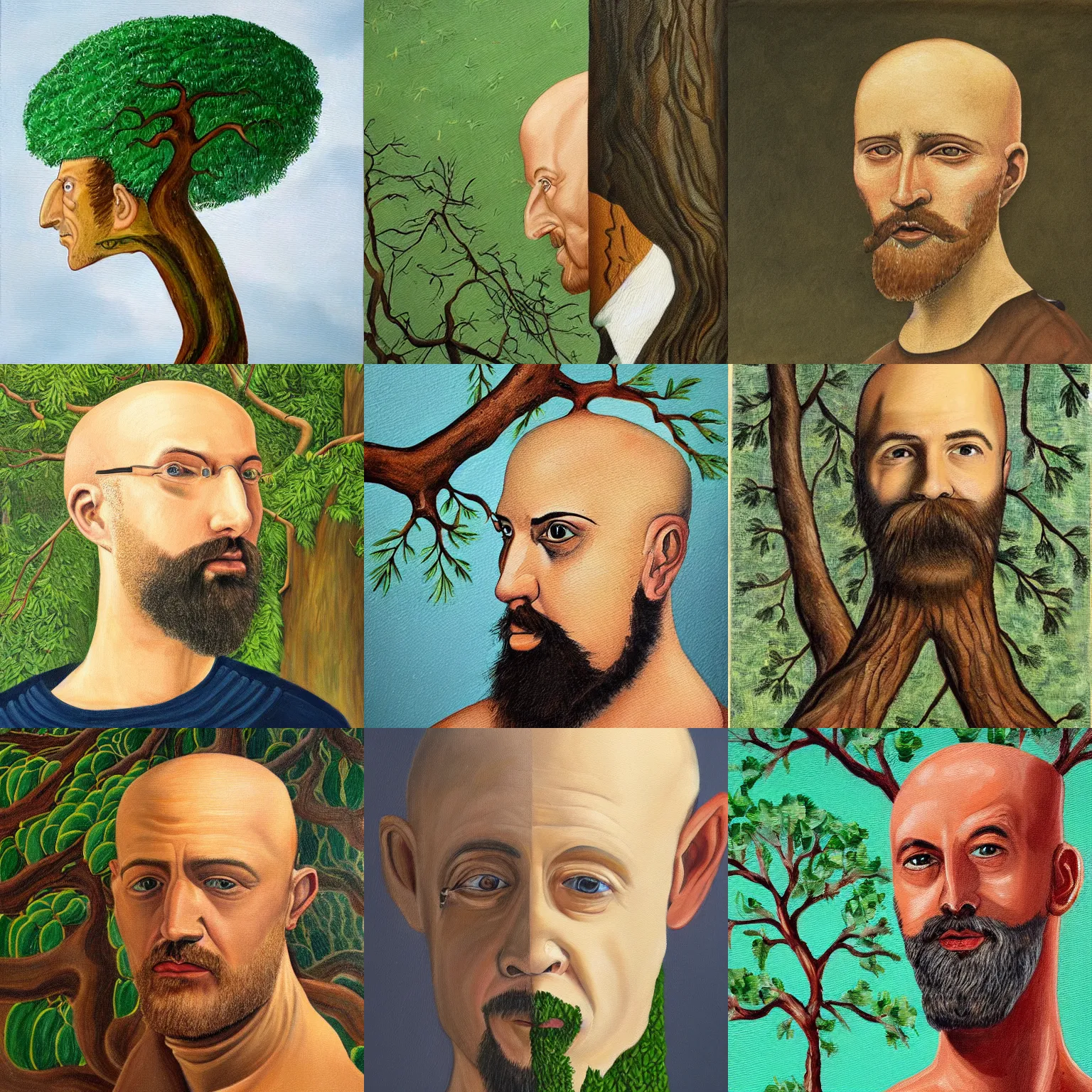 A detailed painting of a bald man with a tree growing | Stable ...