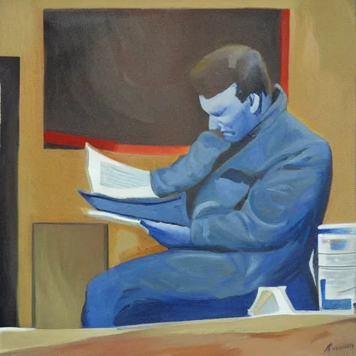 alex jones, painting, sad mood, hunched over newspaper | Stable Diffusion