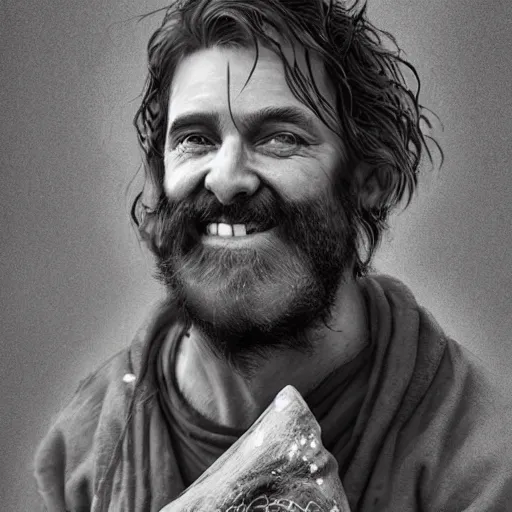Epic portrait A happy homeless man holding loaf of | Stable Diffusion ...