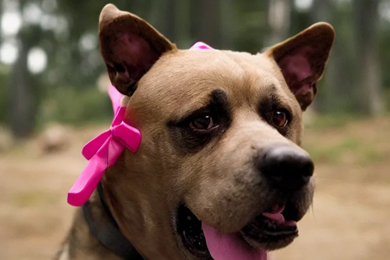 movie scene closeup juggernaut dog with pink bow on | Stable Diffusion ...