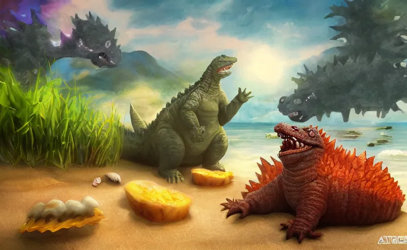 A smiling Godzilla fries mushrooms in a pan on the | Stable Diffusion ...