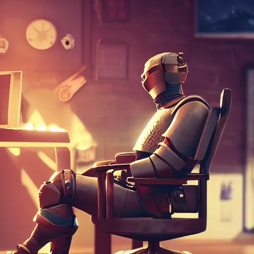 a middle age knight sitting in front of a pc playing | Stable Diffusion ...