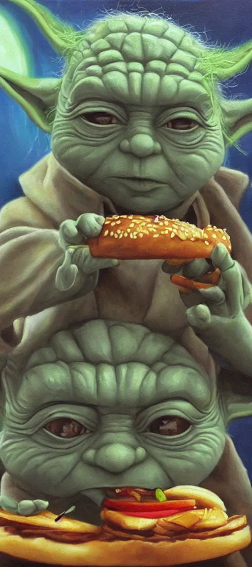 beautiful oil artwork of Yoda eating a burger | Stable Diffusion