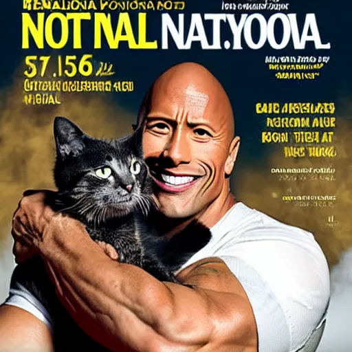 dwayne johnson petting a cat, cover of national | Stable Diffusion ...