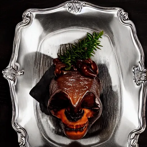 The head of a demon served on a silver platter at a | Stable Diffusion ...