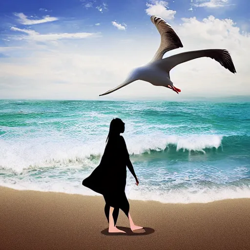 Digital art of a woman riding a giant seagull at the | Stable Diffusion ...