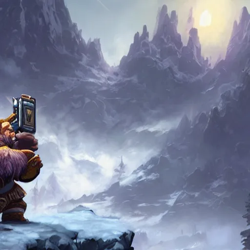 A dwarf taking photos of a view with a big camera, | Stable Diffusion