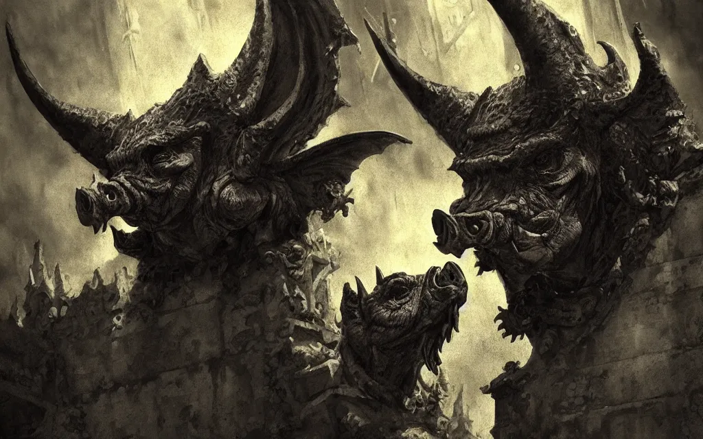 gargoyle pig with a menacing look and two horns on his | Stable ...