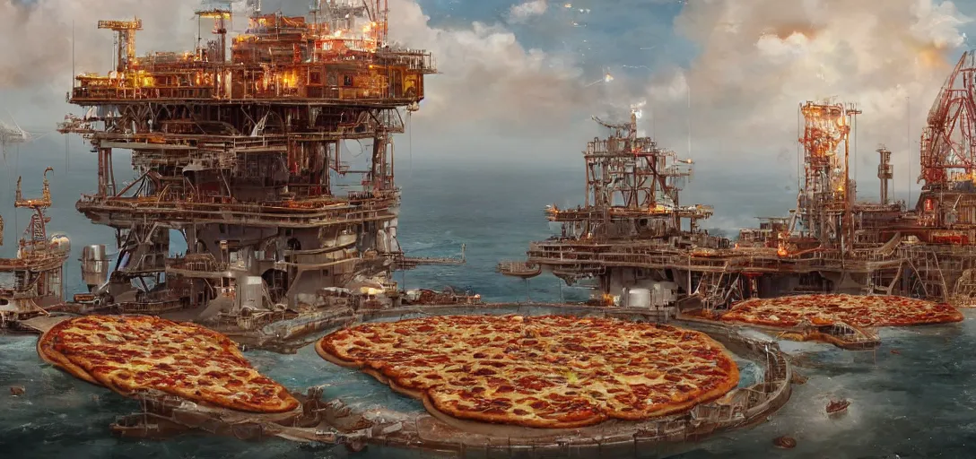 grandiosa pizza devoured by workers on an oil rig, 80s | Stable Diffusion