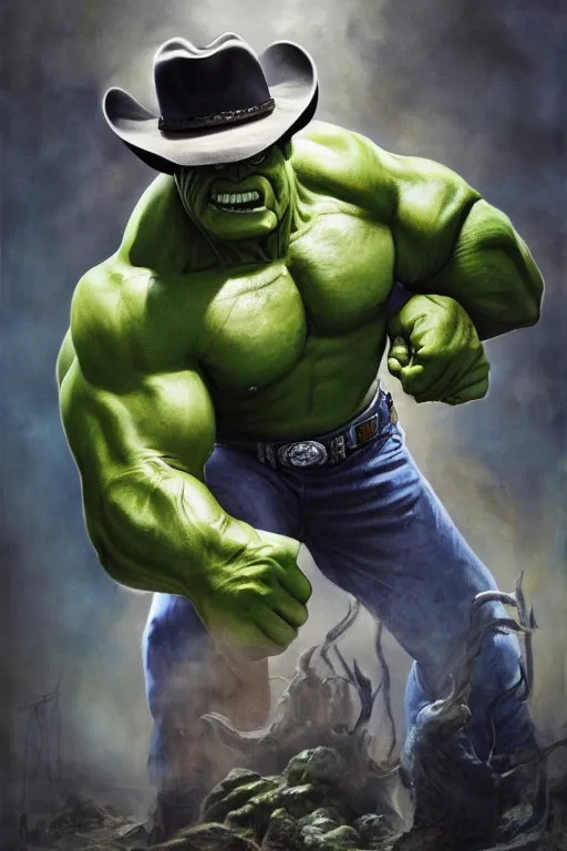 Film Still of Hulk wearing a cowboy hat, oil on | Stable Diffusion
