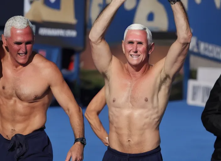 shirtless mike pence running marathon hands in air | Stable Diffusion ...