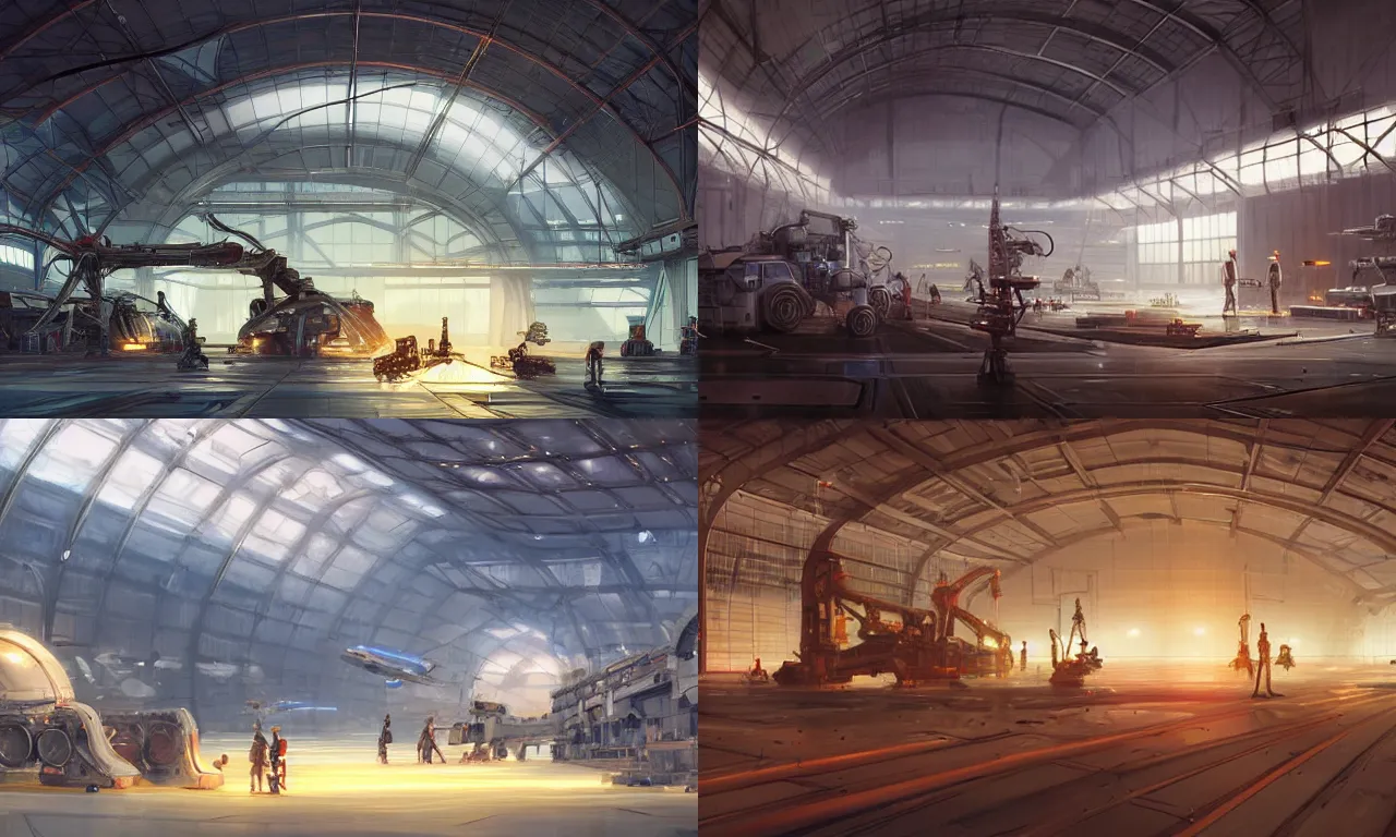 Futuristic Space hangar with workers and machinery, | Stable Diffusion