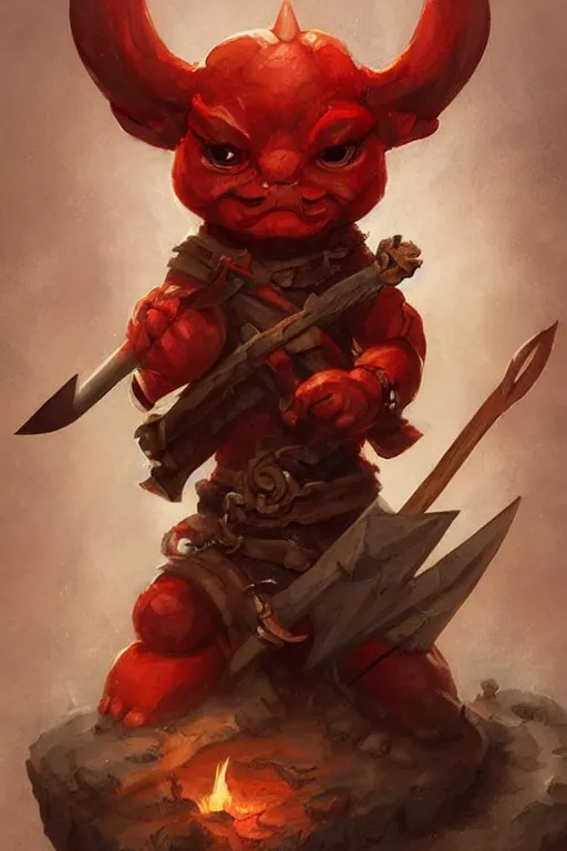cute little red demon with a trident with fire , tiny, | Stable Diffusion