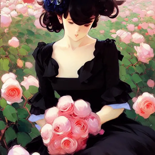 beautiful rose anime girl in elegent black dress, | Stable Diffusion ...